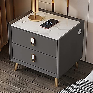 HIGOH Bedside Table Light Slate Smart Bedside Table Minimalist All Solid Wood Wireless Charging Fingerprint Lock Bluetooth Audio