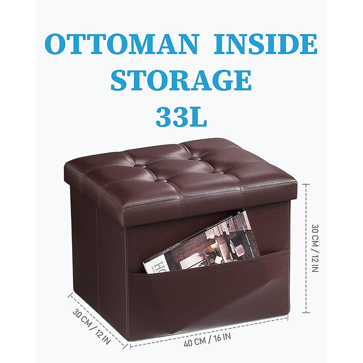 FujDun 2PC Folding Storage Ottoman with Side Pocket,16 inch Leather Ottoman Seat for Living Room Bedroom,Foot Rest Footstool,16X12X12in Brown (2PC)