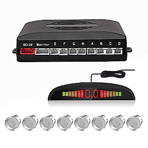 Car Reverse Parking Radar System with 8 Parking Sensors Distance Detection + LED Distance Display + Sound Warning (Silver Color)