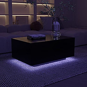 LED Coffee Table with Storage Drawers, High Glossy Coffee Table with LED Lights for Living Room, Modern Living Room Center Table Rectangular, Black (Style1, Black)