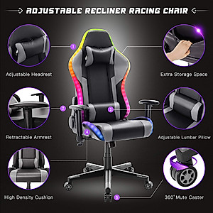 Gaming Chair with Bluetooth Speakers RGB LED Lights, Music Video Game Chair, Ergonomic PU Leather Comfortable Computer Chair, Adjustable Reclining Racing Office Swivel Chair for Adult Teens (Gray)