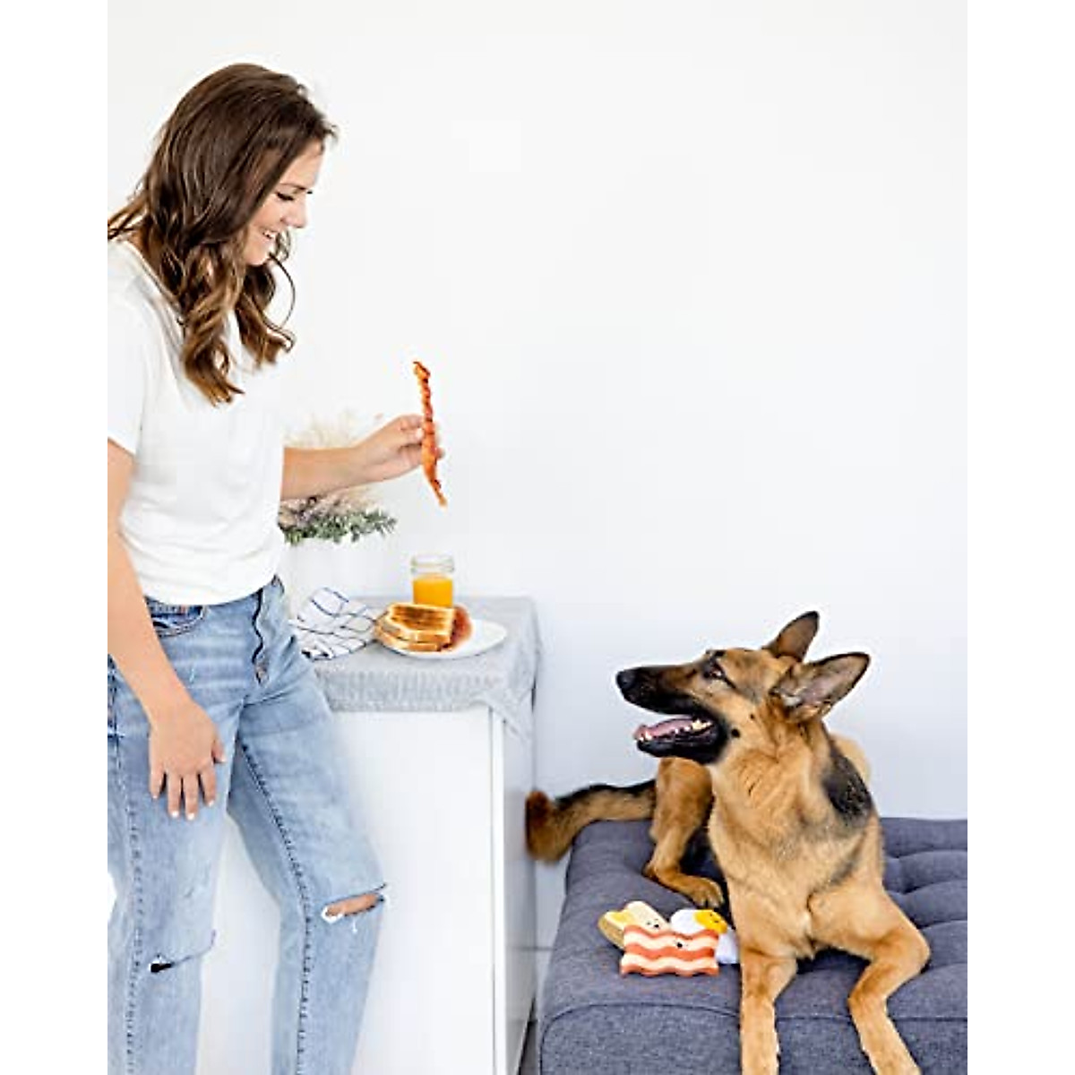 Pearhead Barkfast Dog Toys, Set of 3, Plush Pet Squeaker Toys, Breakfast Dog Toy Set, Toast Bacon & Egg Toy Set, Must Have Pet Accessories for Pet Owners