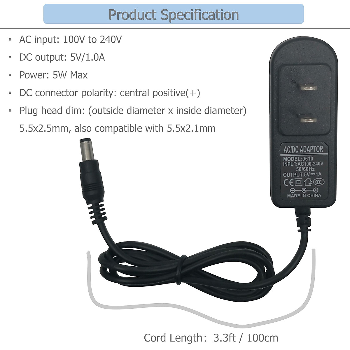 Excelity AC-DC 5V 1A Wall Charger Power Adapter with Plug 5.5 x 2.5mm / 5.5 x 2.1mm