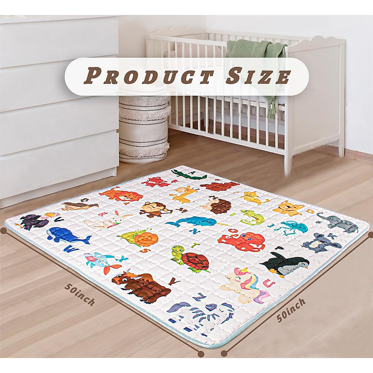 Beavtaens Baby Play Mat, 50x50 Playpen Mat with Super Soft Touch, Activity Mat with Upgraded Anti-Slip Bottom, Machine Washable Crawling Mat for Floor & Picnic (Animal)