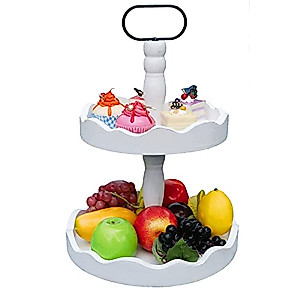 White Wood Two-Tier Tray with Metal Handle, Rustic Decorative Two Tiered Stand，Farmhouse 2 Tier Serving Tray for Kitchen Counter, Coffee Bar, Dining Room Table