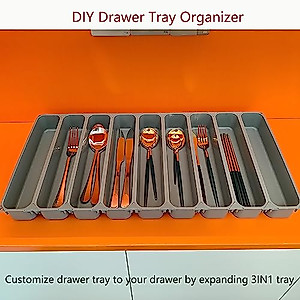TUNGTAR custom silverware drawer tray BPA Free expandable drawer organizer for utensils holder, cutlery tray, DIY organizer for silverware, flatware, knives (Gray, 10.25 * 7.65INCH 3IN1)