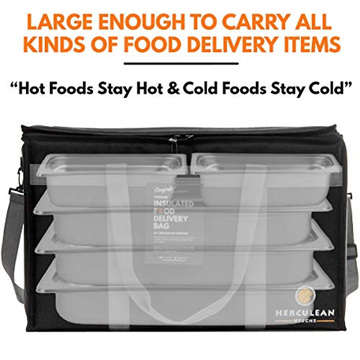 Herculean Premium Insulated Food Delivery Bag with YKK Zipper – Large Commercial Catering Bag for Food Transport – Hot and Cold Thermal Food Bag – Ultra Durable Hot Food Carriers for Takeaway Delivery