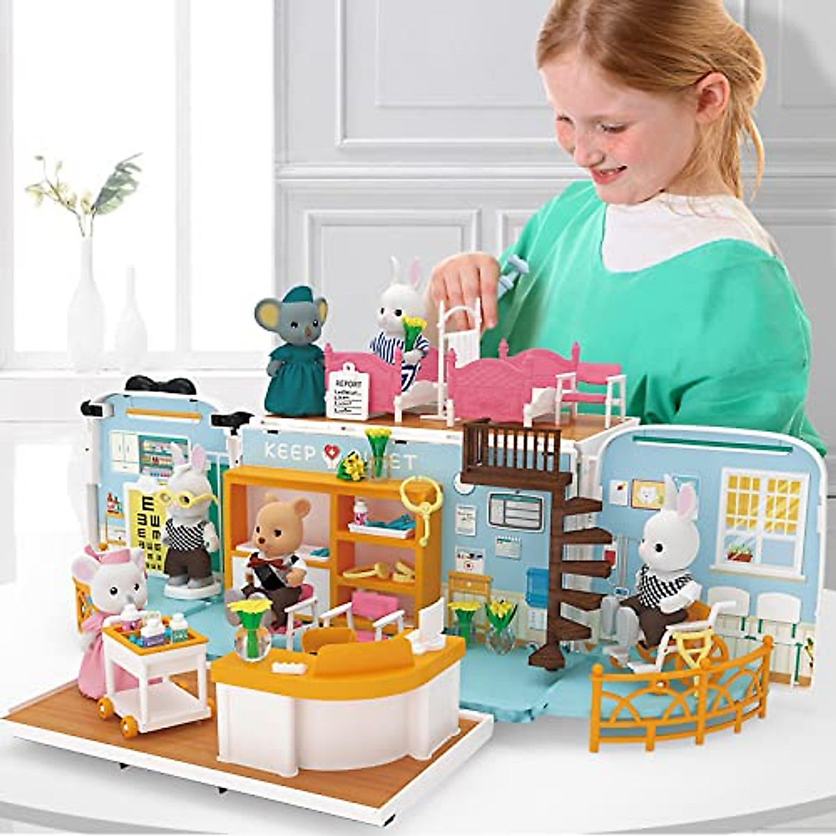Dollhouse Playset for Girls - Kids Pretend Play Doll House Toy Doctor Kit Hospital Accessories, Portable Critter Doll Ambulance Bus Toys for Toddlers Boys Girls Birthday Gifts 3 4 5 6 Year Old