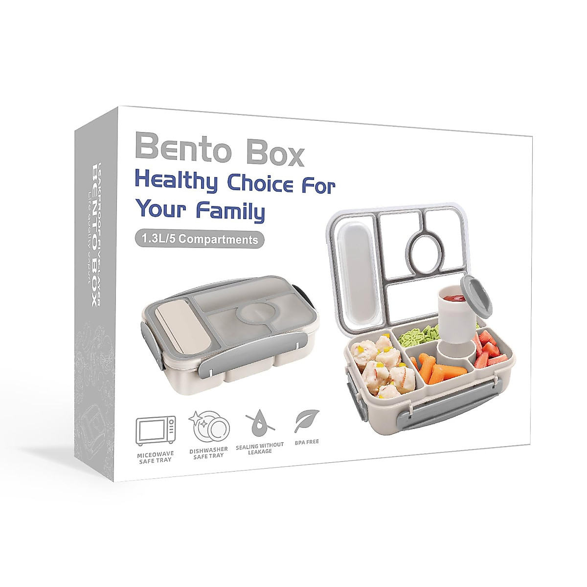 Amathley Bento box adult lunch box,lunch box kids,lunch containers for Adults/Kids/Toddler,5 Compartments bento Lunch box for kids with Sauce Vontainers,Microwave & Dishwasher & Freezer Safe(White)