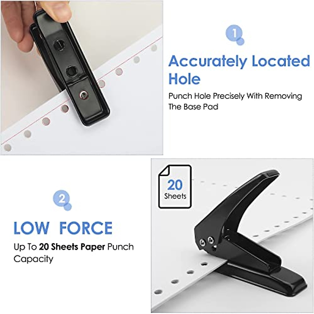 MROCO Hole Punch 1/4" Hole Puncher Single Hole Punch One Hole Punch 1 Hole Punch with Non-Skid Base for Paper, Card, Plastic, Leather, Tag, Chipboard and Art Project, 20 Sheets Punch Capacity, Black