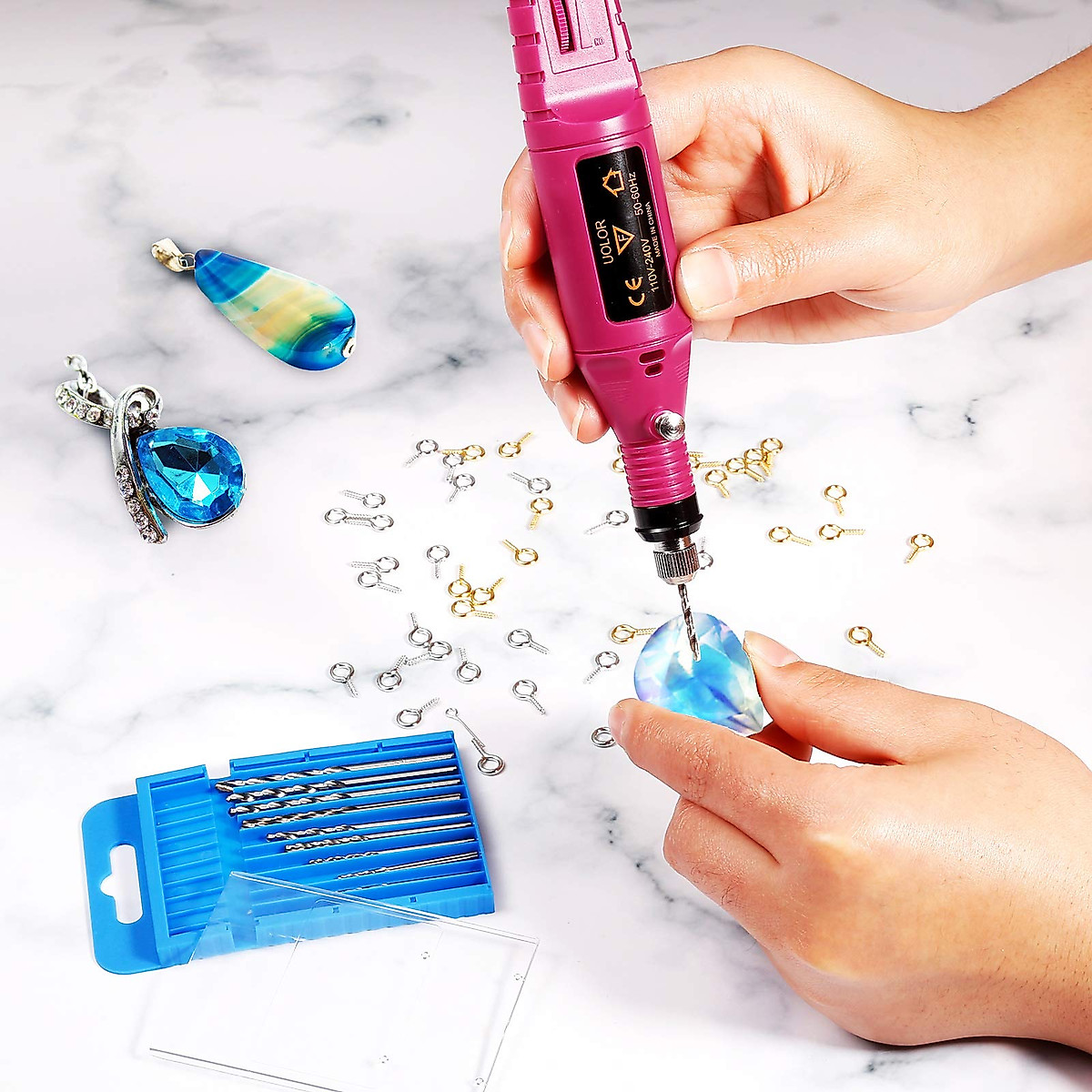 Uolor Electric Corded Hand Drill Kit, Electrical Pin Vise Set with 17Pcs Drill Bits 10Pcs Collet and 200Pcs Screw Eye Pin for Wood Resin Plastic Polymer Clay Keychain Pendant Earring Jewelry Making