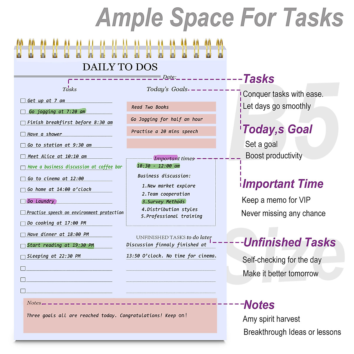Daily to Do Notepads - Task Checklist planner, Time Management planner, To Do lists, Organizer with Today's Goals, Notes, 52 Undated Agenda Tear-off Sheets, 6.5 x 9.8 inches ( Pink )
