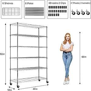YRLLENSDAN 6-Tier Steel Storage 2100Lbs Capacity Wire Shelving W/Wheels Heavy Duty Metal Shelves Adjustable Steel Shelving Shelving Rack for Kitchens garages,18"x48"x82", Chrome