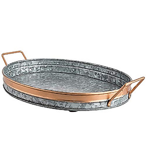 MyGift Rustic Galvanized Metal Decorative Tray with Copper Tone Rim and Handles, 16 Inch Oval Serving Tray - Handcrafted in India