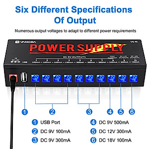 Vangoa Guitar Pedal Power Supply 10 Truly Isolated Outputs, Portable Pedal Board Power Supply with USB for 9V/12V/18V Effect Pedal Power Supply