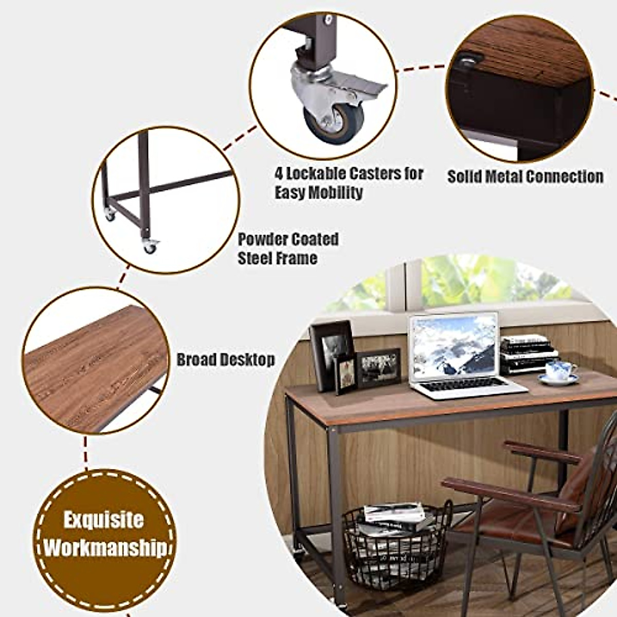 Tangkula Rolling Computer Desk, Portable Rolling Table, Mobile Home Office Desk Writing Study Desk, Movable Workstation with 4 Smooth Wheels, Home Office Work Table