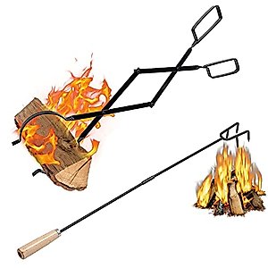Fire Pit Poker and Log Grabber Fireplace Tongs Outdoor Fire Pit Tool Kits, Firepit Tools Set for Outside Campfire, Camping, Wood Stove, Black Steel