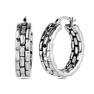 LeCalla Sterling Silver Jewelry Light-Weight Bricks Texture Antique Finish Hoop Earring for Women