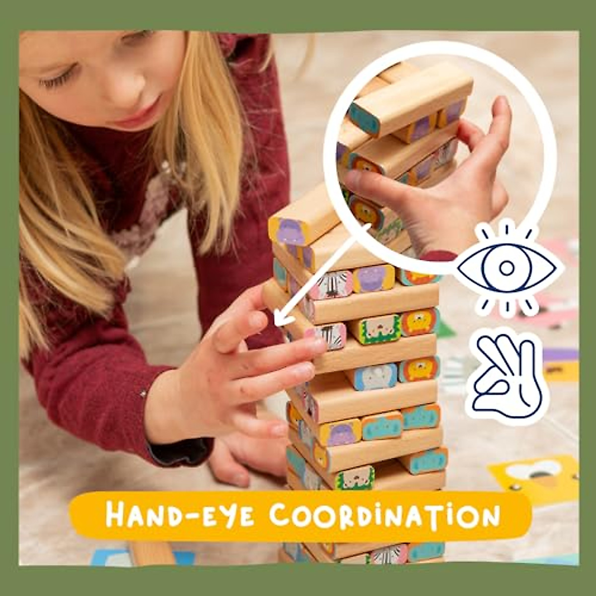 Nene Toys Wooden Block Stacking Game – 4-in-1 Tumble Tower Family Board Game with Building Blocks, Cards and Dice – African Safari Educational Wooden Toy for Kids 3-9 Years Old About Animals