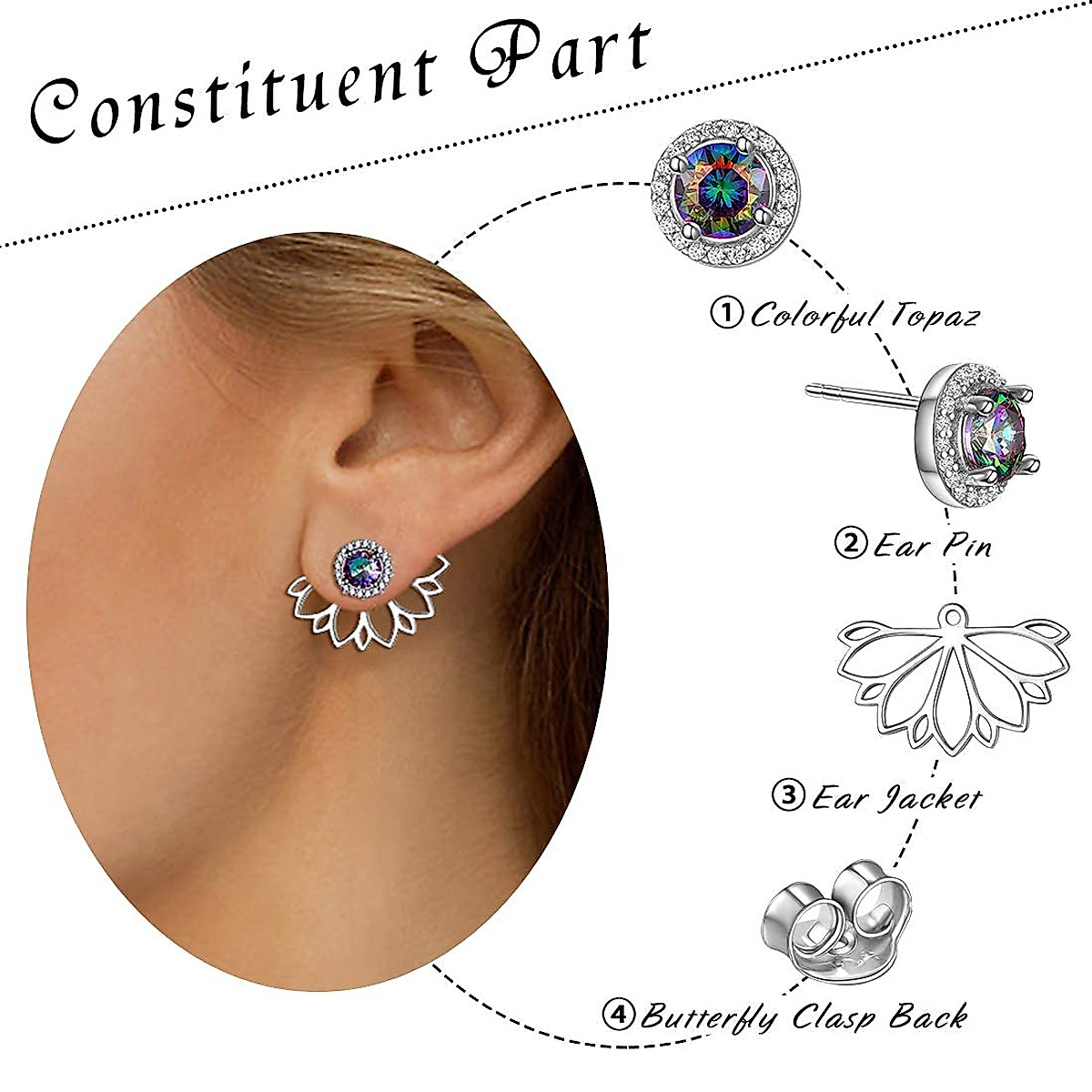 ChicSilver Hypoallergenic Ear Jacket Stud Lotus Flower Earrings for Women, 925 Sterling Silver Colorful Topaz Front/Back Stud Earrings for Sensitive Ear Dainty Fashion Jewelry