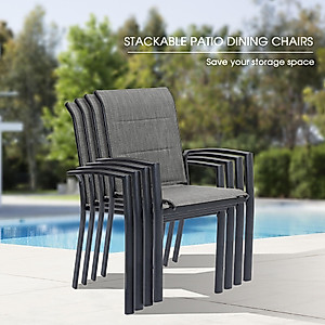 VICLLAX Patio Stackable Dining Chairs Set for 2, Outdoor Padded Metal Dining Chairs Lawn Chairs for Garden Yard Deck, Support 300 lbs, Dark Grey Frame & Grey Tone Fabric