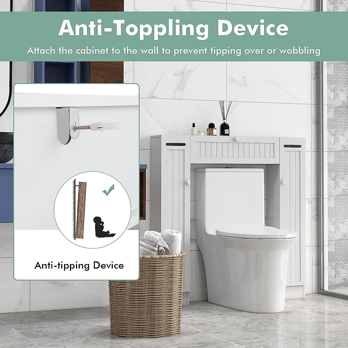 Tangkula Over The Toilet Storage Cabinet, Bathroom Space Saver w/Adjustable Shelves & Paper Holder, Freestanding above Toilet Organizer w/ 2 Side & Pull-Down Door for Bathroom Storage (White)