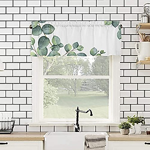YOKOU Curtain Valance, Natural Green Leaves Watercolor Eucalyptus Leaf White Short Rod Pocket Window Treatment for Living Room, Bedroom, Kitchen, Bathroom, 1 Panel, 54" W x 18" L