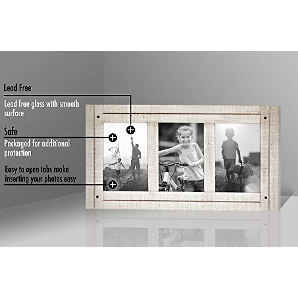 Americanflat 4x6 Triple Picture Frame in Aspen White - Distressed Wood Decorative Family Picture Frame with Polished Glass, Includes Hanging Hardware for Wall, and Easel for Tabletop Display