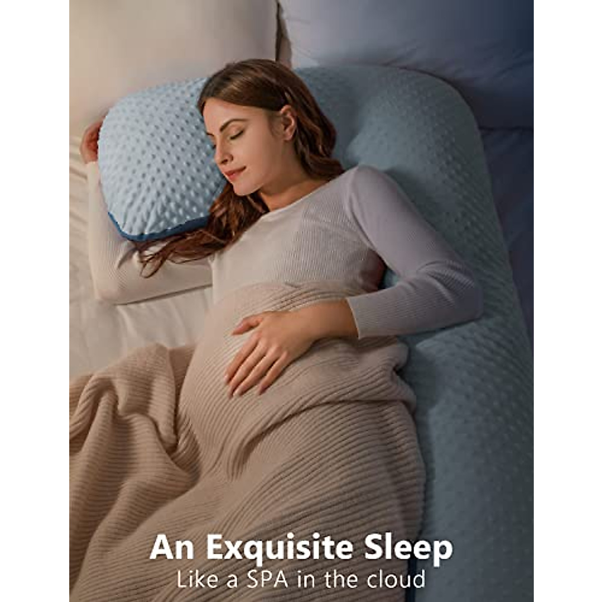 AngQi Full Body Pregnancy Pillow, Pregnancy Pillows for Sleeping, L Shaped Body Pillows for Adults, Maternity Pillow for Side Sleepers with Minky dot & Velvet A/B Side Cover, Dot White & Blue