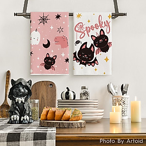 Artoid Mode Bats Ghost Trick or Treat Spooky Boo Spider Web Halloween Kitchen Towels Dish Towels, 18x26 Inch Seasonal Decoration Hand Towels Set of 4