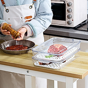 2 Pcs Bacon Storage Container for Refrigerator with Tong, Bacon Deli Meat Storage Container with Perforated Tray for Freshness, Clear Plastic Meat Saver for Fridge Food
