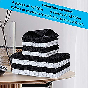 13.5 x 13.5 Inches and 16 x 28 Inches, Set of 8Pack Kitchen Dish Towels,Cotton Dish Cloths, Absorbent and Quick Drying Anti Odor,Kitchen Cooking and Cleaning Kitchenware Washing,Drying Dishes (Black)