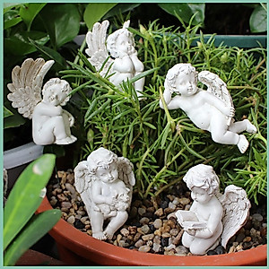 Set of 5pcs Miniature Angel Figurine, Mini White Baby Cherub Wings Fairy Garden Statue Resin Bonsai Ornaments Flower Pot Sculpture for Outdoor Micro Landscape Lawn Décor