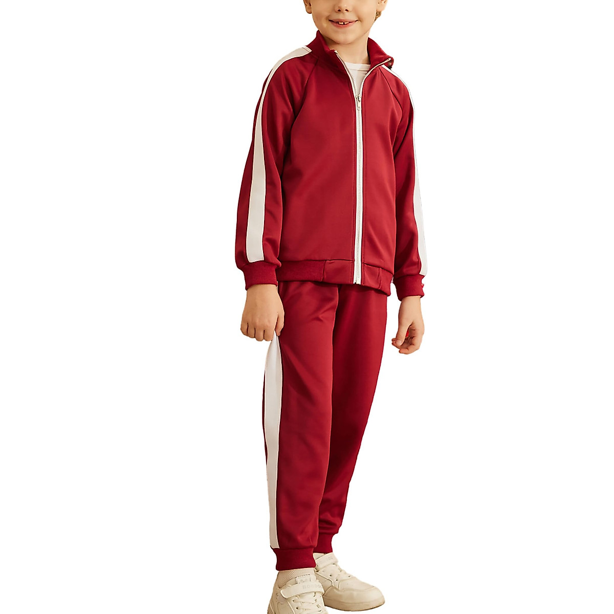 Arshiner Boy's 2 Pieces Full Zip Tracksuits Burgundy Sport Suits Casual Outfits Jacket & Pants Tracksuit Set