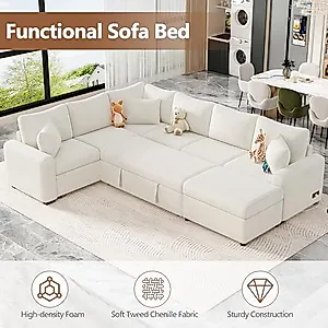 Merax 112.2" Sectional Pull-Out Sofa Bed Couch Sleeper with a Storage Ottoman,3 Pillows and Charging Devices for Living Room