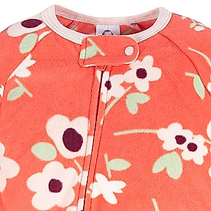 Gerber Baby Girls' Toddler Loose Fit Flame Resistant Fleece Footed Pajamas 4-Pack, Pink Leaves & Flower Toss