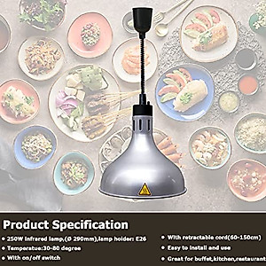 Hanging Food Heat Lamp Commercial Food Warmer Lights Telescopic Heating Lamps for Buffet Kitchen Restaurant(Dia.29cm,Adjustable Height.60-150cm) (Silver)
