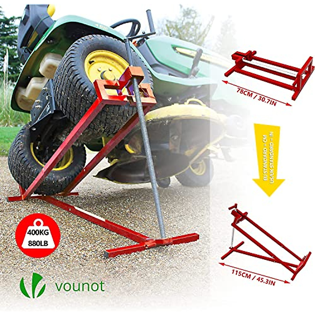 VOUNOT Ride on Lawn Mower Lift Jack, Telescopic Maintenance Jack for Lawn mowers and Garden Tractors, Weight Capacity 880 Lbs, Red