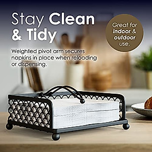Elegant Flat Paper Napkin Holder with Dispenser Arm - Napkin Holders for Table, Kitchen, Countertops & Outdoor Tables - Square Metal Lattice Basket Dinner Napkin Holder -Napkins Dispenser (Black)