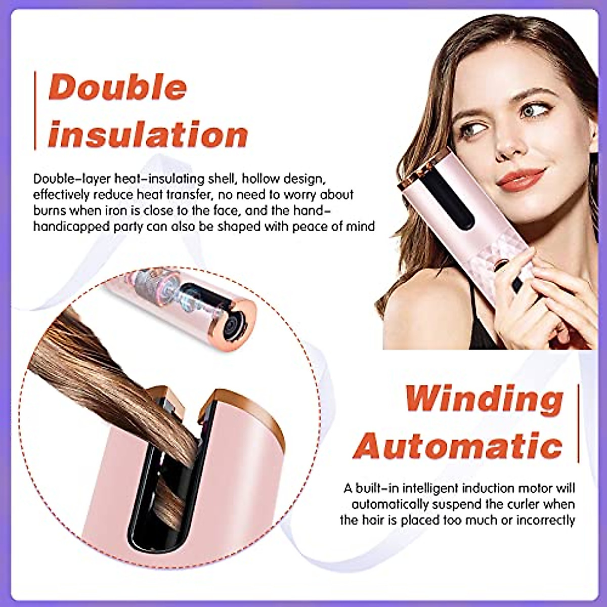 Automatic Curling Iron, Cordless Ceramic Barrel Wave Wand, Portable Cordless Auto Hair Curler with 4 Temps & 3 Timers, Fast Heating Rotating Rotating Curling for Long & Short Hair, Travel & Home Use