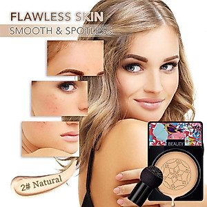 NUIBO Air Cushion CC Cream Mushroom Head, Moisturizing Concealer Makeup Base, Primer Liquid Foundation Long Lasting with Two Mushroom Makeup Sponges 【Natural】【Screw lid】