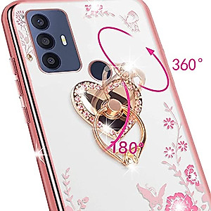 KuDiNi Case for TCL 30 SE, TCL 30 SE 2022 Phone Case for Women Glitter Crystal Soft Bling Butterfly Heart Floral Clear Protective Cover with Kickstand+Strap for TCL 30 SE 6.52” (Rose Gold)