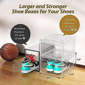 Mitees 10 Pack XX Large Thicken Sturdy Hard Plastic Clear Stackable Shoe Storage Boxes for Size 12, Sneaker Shoe Rack Containers Holders Bins Display Case Organizer for Closet, Red Clear