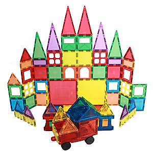 JUMAGA 3D Magnetic Tiles and Stack Building Toys 108pcs Magnet Blocks Set with Alphabet Card STEM Educational Preschool Birthday Gifts for Toddlers Kids Age 3+