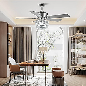 Tropwellhouse 52Inch Crystal Ceiling Fan with Lights 3 Speed Remote Control Elegant Crystal 5 Wood Blades Chrome Ceiling Fan Decoration Home