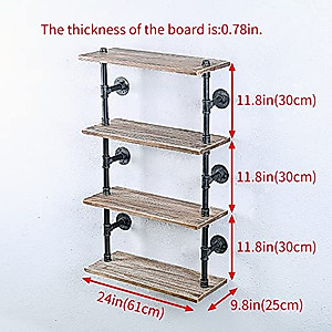 Industrial Pipe Shelf Wall Mounted,Steampunk Real Wood Book Shelves,4 Tier Rustic Metal Floating Shelves,Wall Shelving Unit Bookshelf Hanging Wall Shelves,Farmhouse Kitchen Bar Shelving(24in)