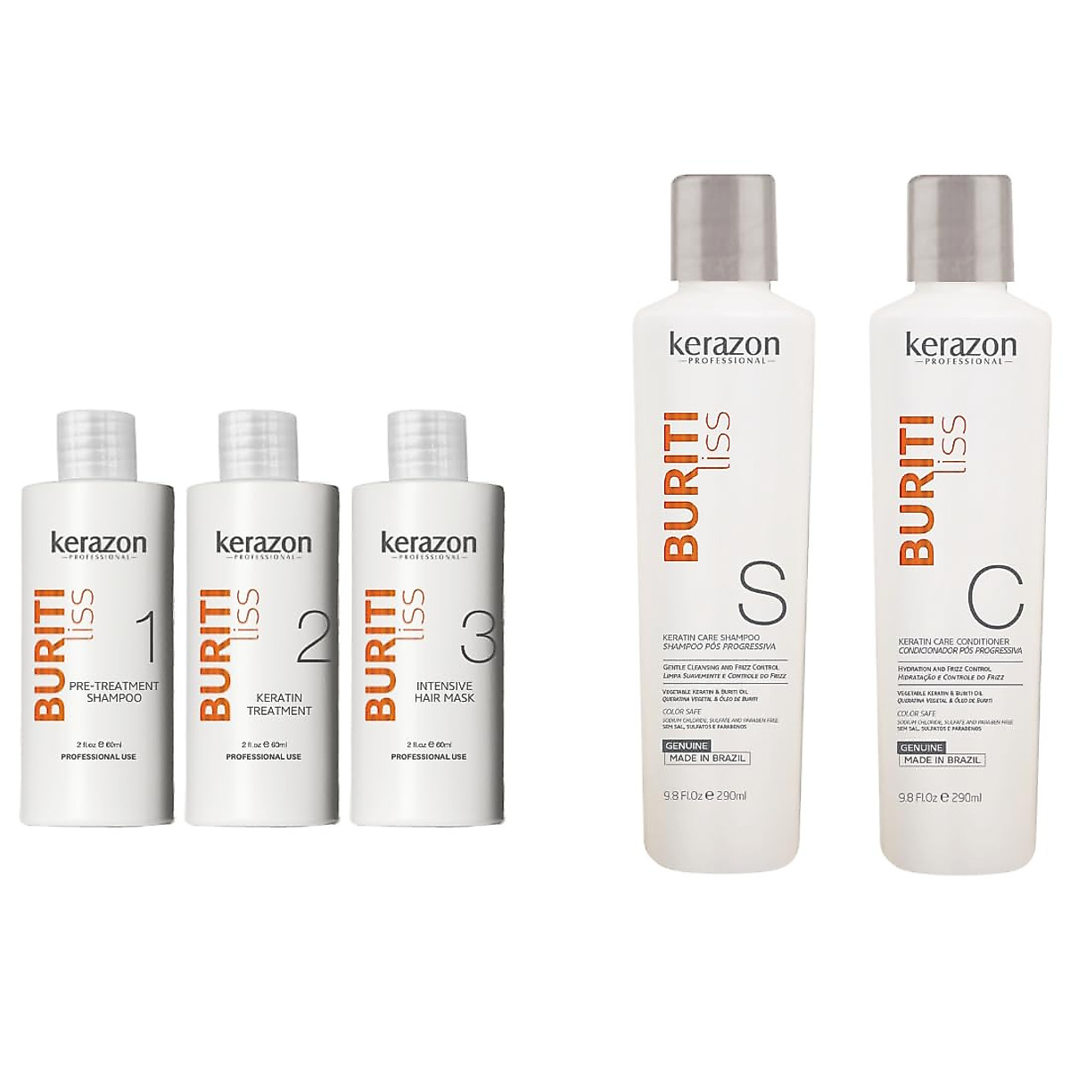 Kerazon Buriti Liss Keratin Treatment KIT - Tratamiento de Keratina Queratina Brasileña para Alisar Importada + Sulfate Free and Sodium Free Shampoo & Conditioner KIT