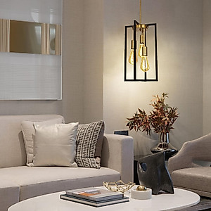 Modern Industrial Farmhouse Pendant Lighting, Rectangle Black & Brass Chandelier, Hanging Light for Kitchen Island, Dining Room, Entryway, Hallway (3-Light)