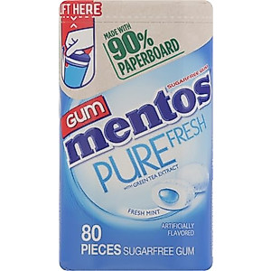 Mentos Pure Fresh Sugar-Free Chewing Gum with Xylitol, Fresh Mint, in a recyclable 90% Paperboard Bottle, 80 Piece (Pack of 1)