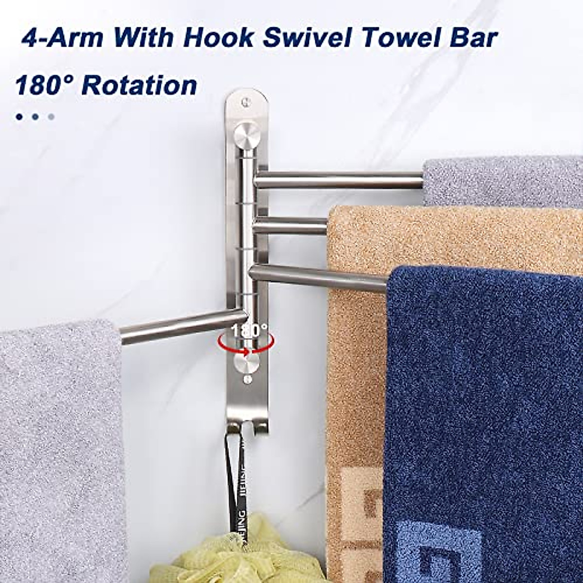 NearMoon Swivel Towel Rack, Thicken SUS304 Stainless Steel 4-Arm Towel Bar, Space Saving Wall Mounted Towel Holder with Hook, Rustproof Swing Out Towel Hanger for Bathroom, Kitchen (Brushed Nickel)
